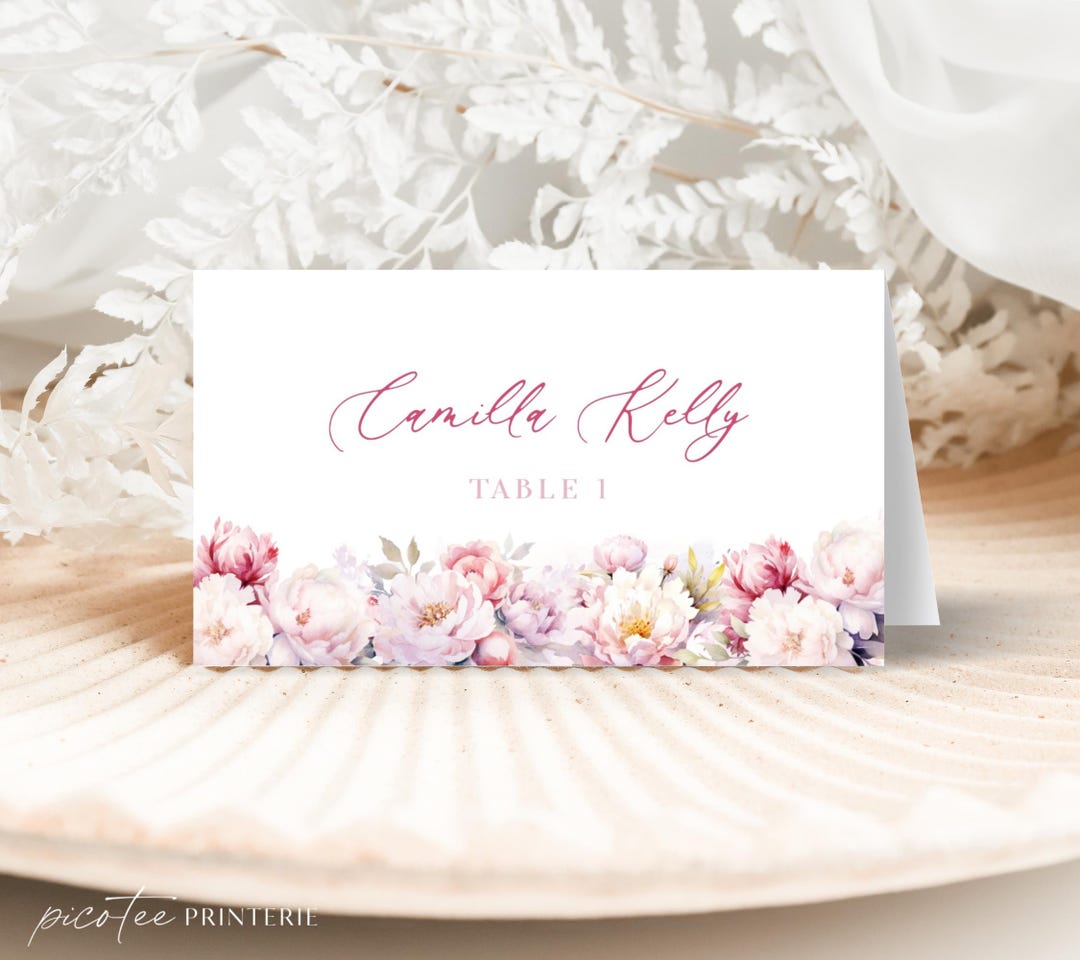Pink Floral Name Place Card Template, Editable Folded Place Cards ...