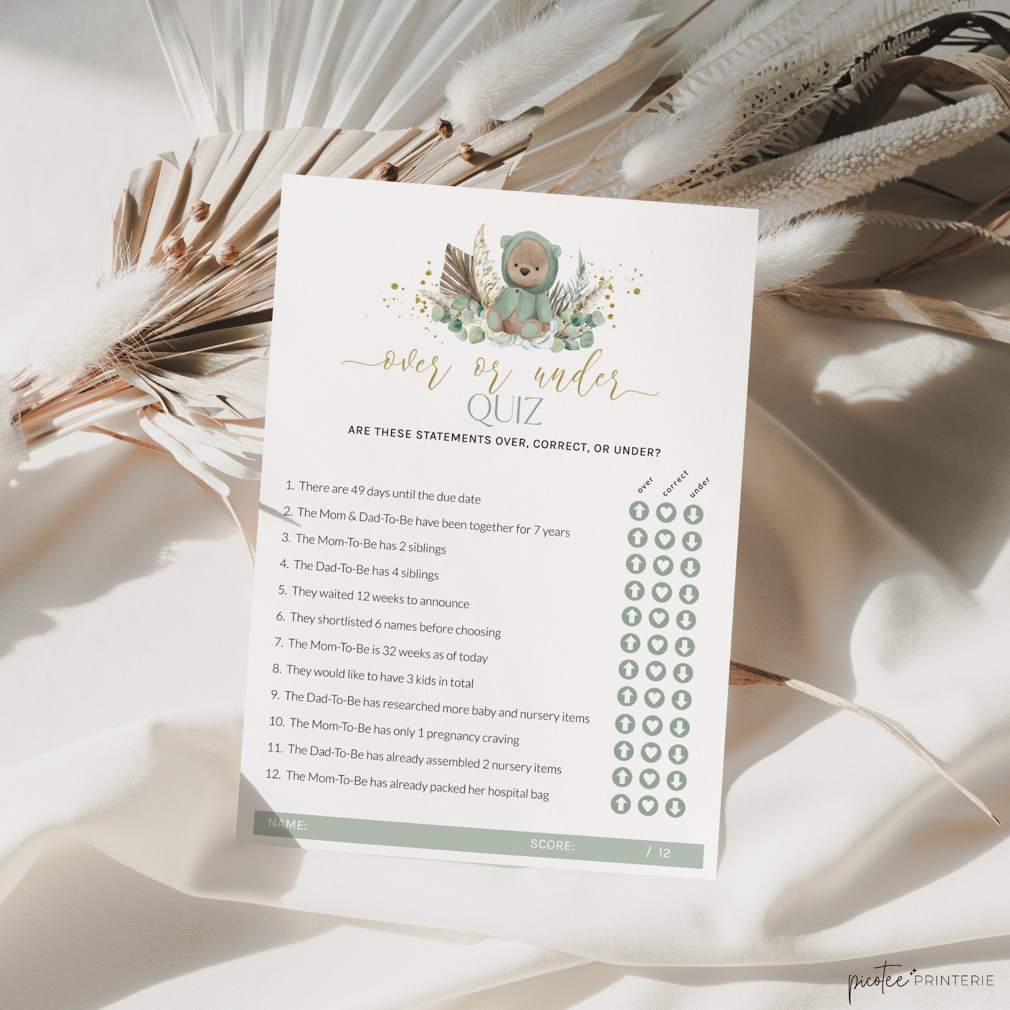 Over or Under Baby Shower, Sage Green Bear Baby Shower Game, Over or ...