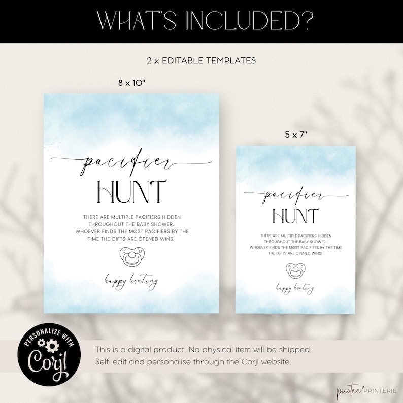 Pacifier Hunt Baby Shower Game, Printable Pacifier Hunt Sign, Blue Baby ...