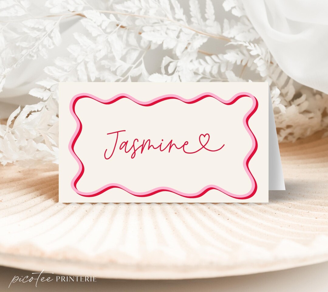 Pink and Red Wavy Place Cards Template, Wavy Border Folded Name Cards ...