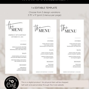 Minimalist Dinner Menu Printable Template, Modern Editable Birthday ...