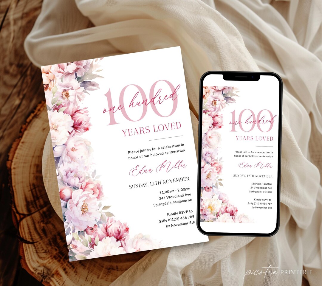 Floral 100th Birthday Invitation for Women, Pink 100 Years Loved Invite ...