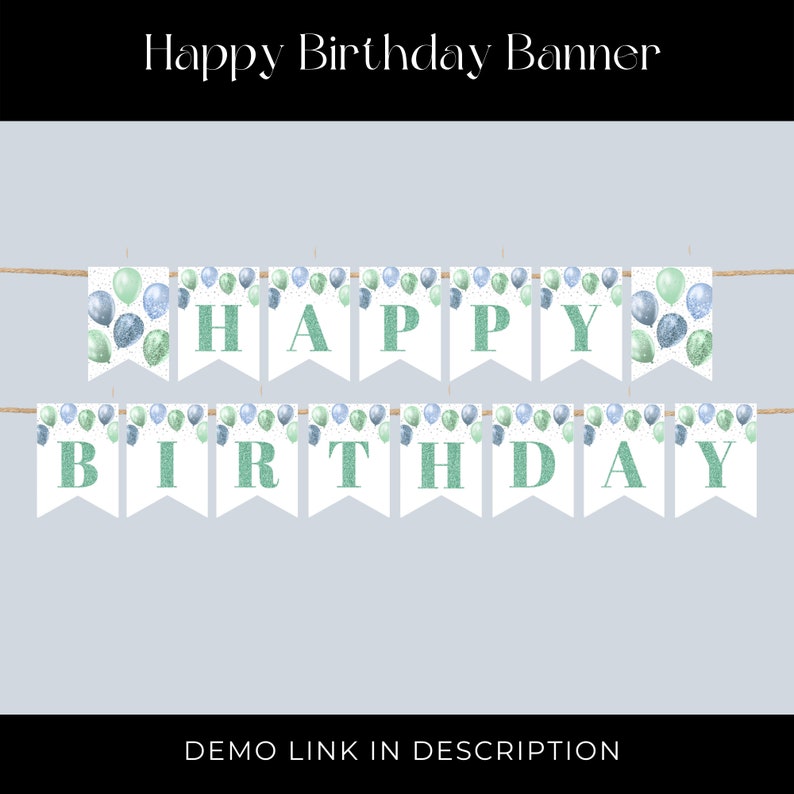 Happy Birthday Banner Printable Blue Green Balloon Bunting - Etsy