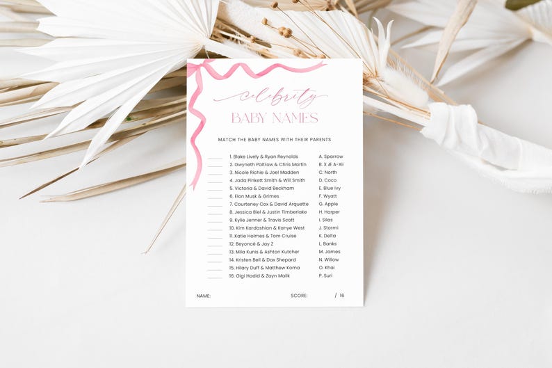 Coquette Pink Bow Celebrity Baby Name Game Template, Girl Baby Shower ...