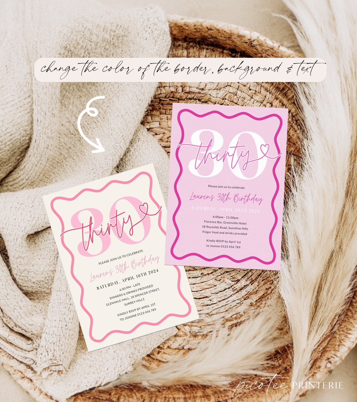 Pink Wavy Border Invite 30th Birthday for Her, Modern Scalloped Party ...