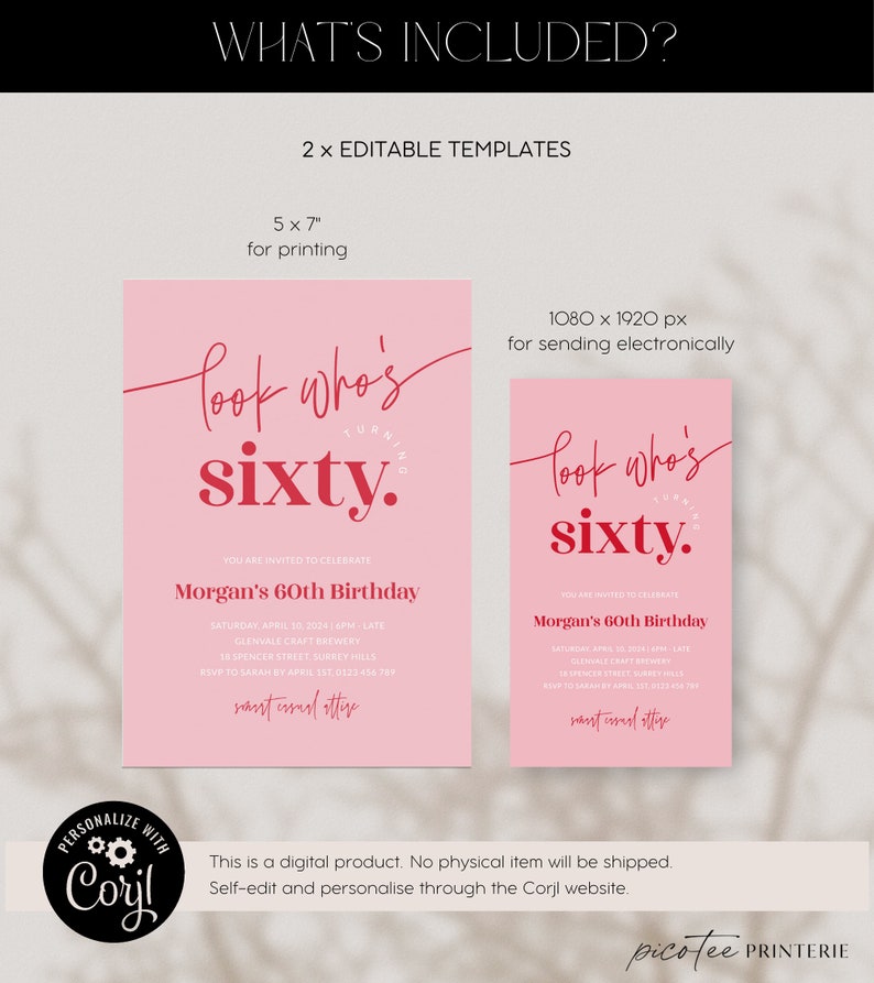 Pink and Red 60th Birthday Invitation Template, Modern Women's 60th ...