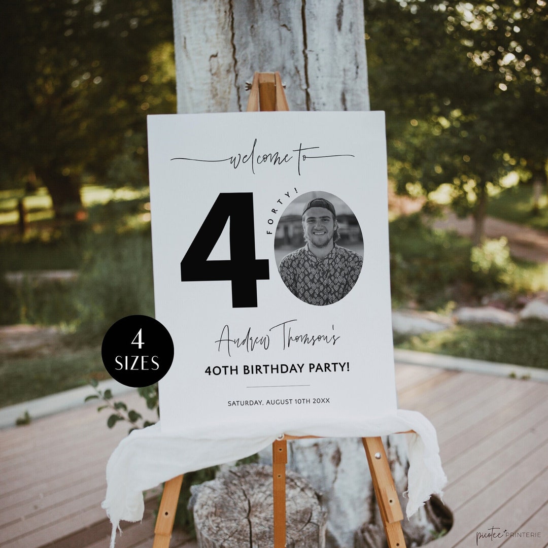 Modern 40th Birthday Welcome Sign With Photo, Men's Birthday Party ...
