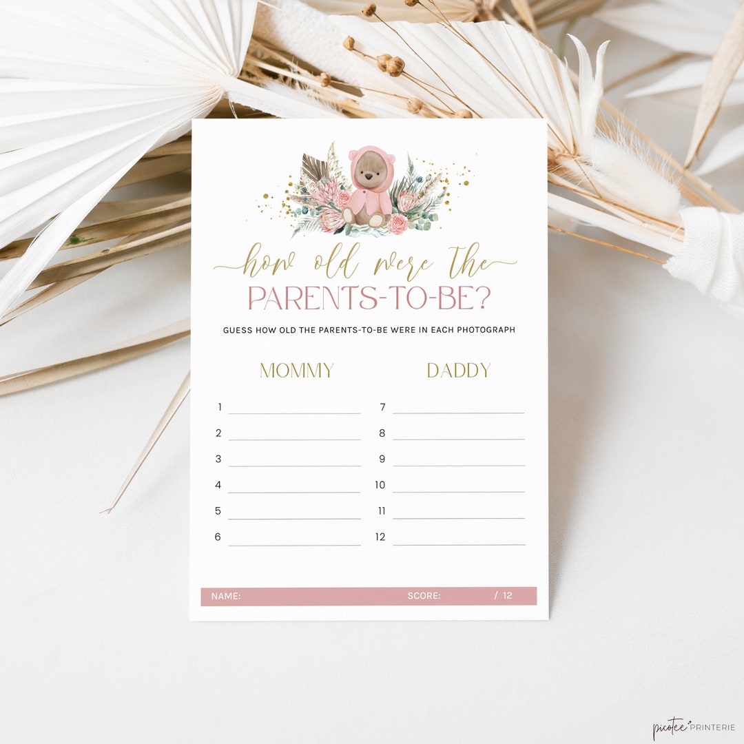 How Old Were the Parents to Be Baby Shower Game, Teddy Bear Theme Girl ...