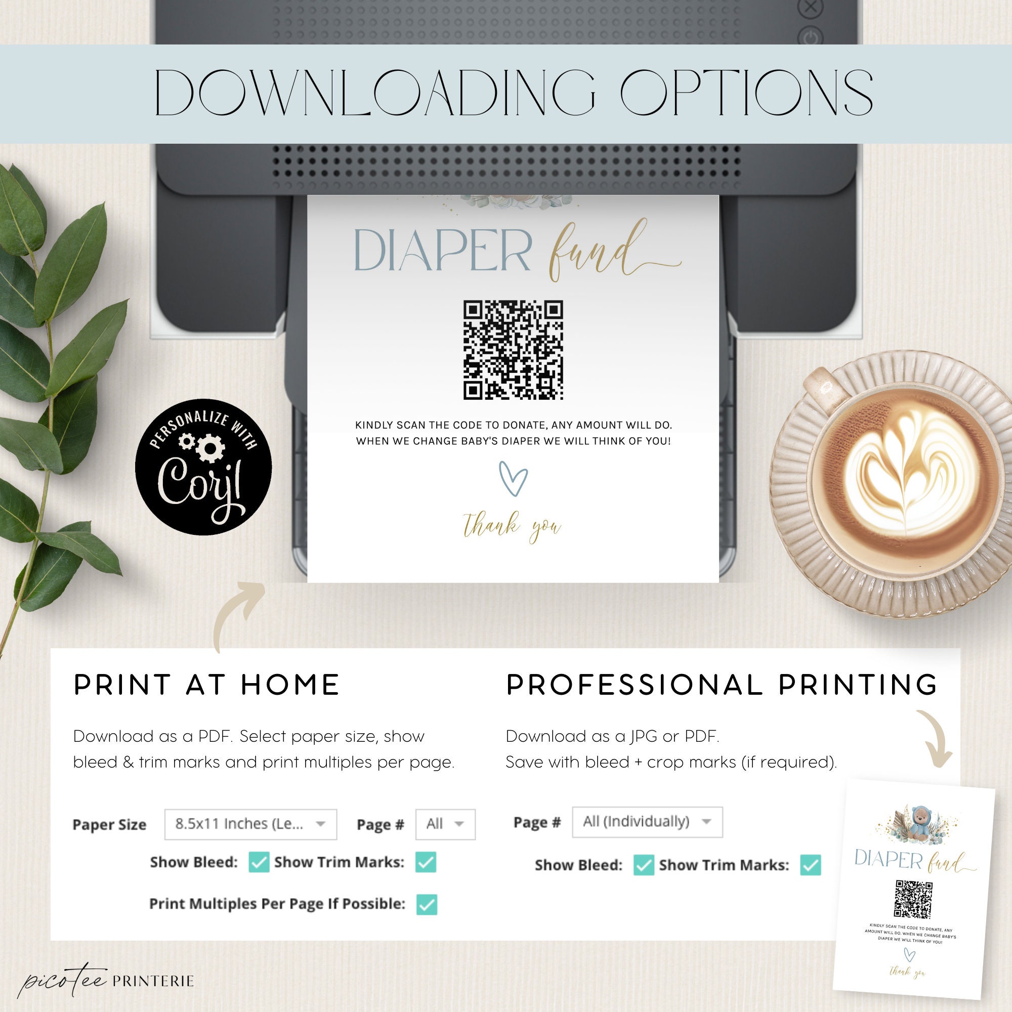 Blue Bear Baby Shower QR Code Diaper Fund Sign, Printable Diaper Gift ...