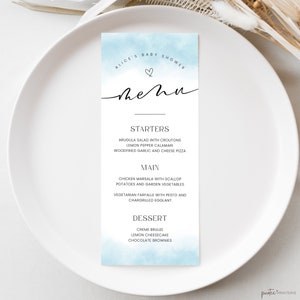 Menu Template Baby Shower, Blue Minimalist Editable Menu Card, Lunch ...