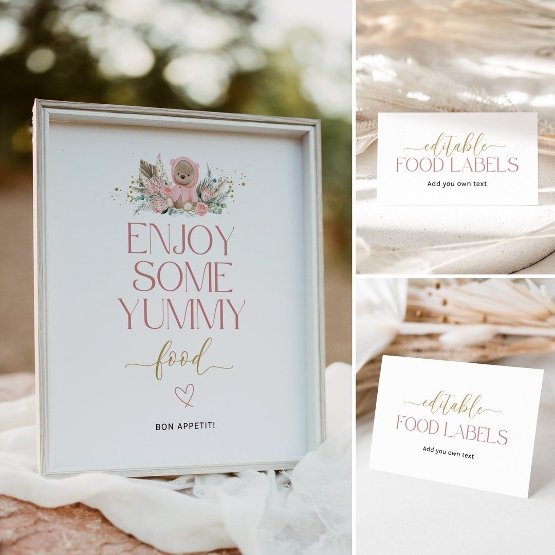 Baby Shower Food Table Sign, Editable Food Labels, Boho Teddy Bear ...