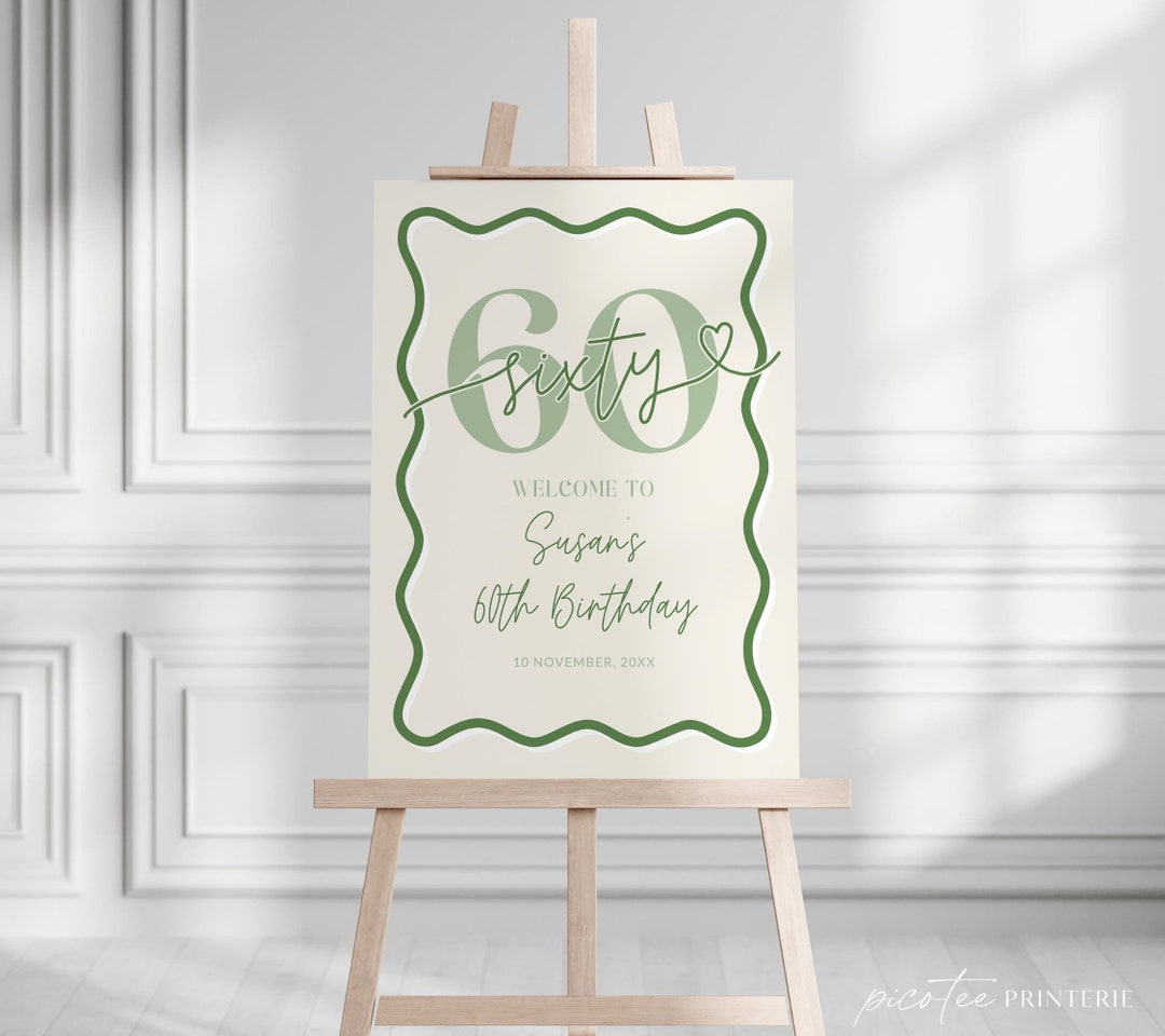 Green Wavy Welcome Sign 60th Birthday Template, Sage Scalloped 60th ...