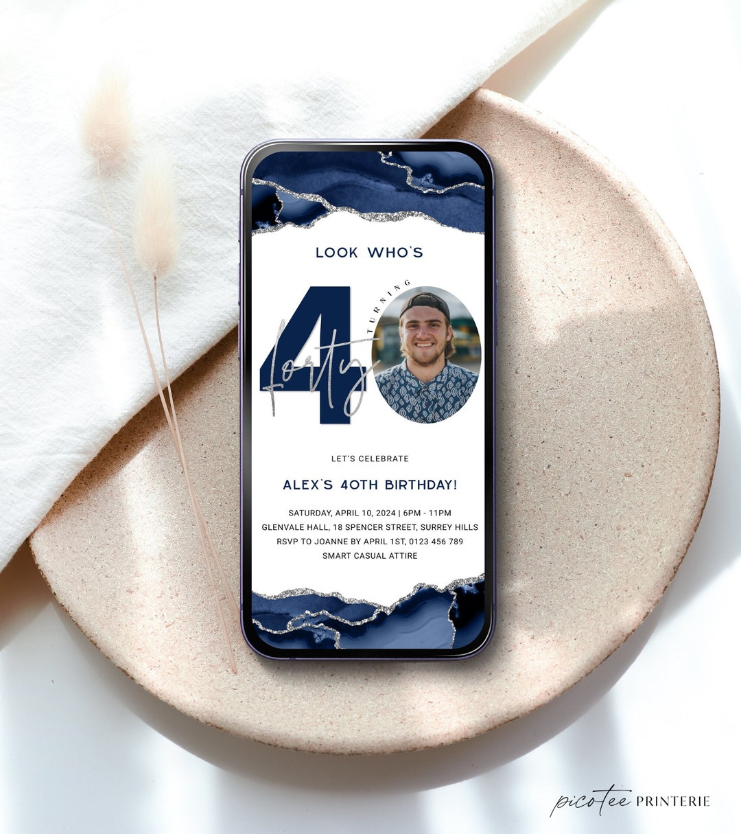 Navy 40th Birthday Invitation Template for Men, Luxury Navy Silver 40th ...