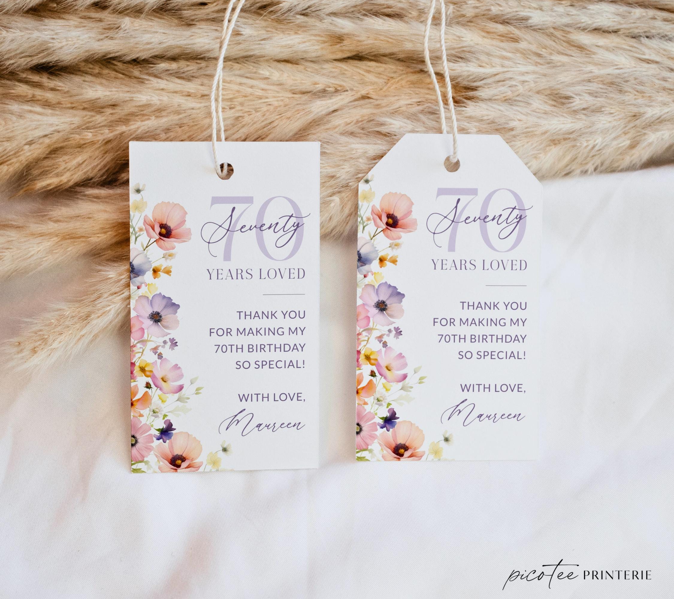 Floral Thank You 70th Birthday Gift Tag Favor Printable, 70 Years Loved ...