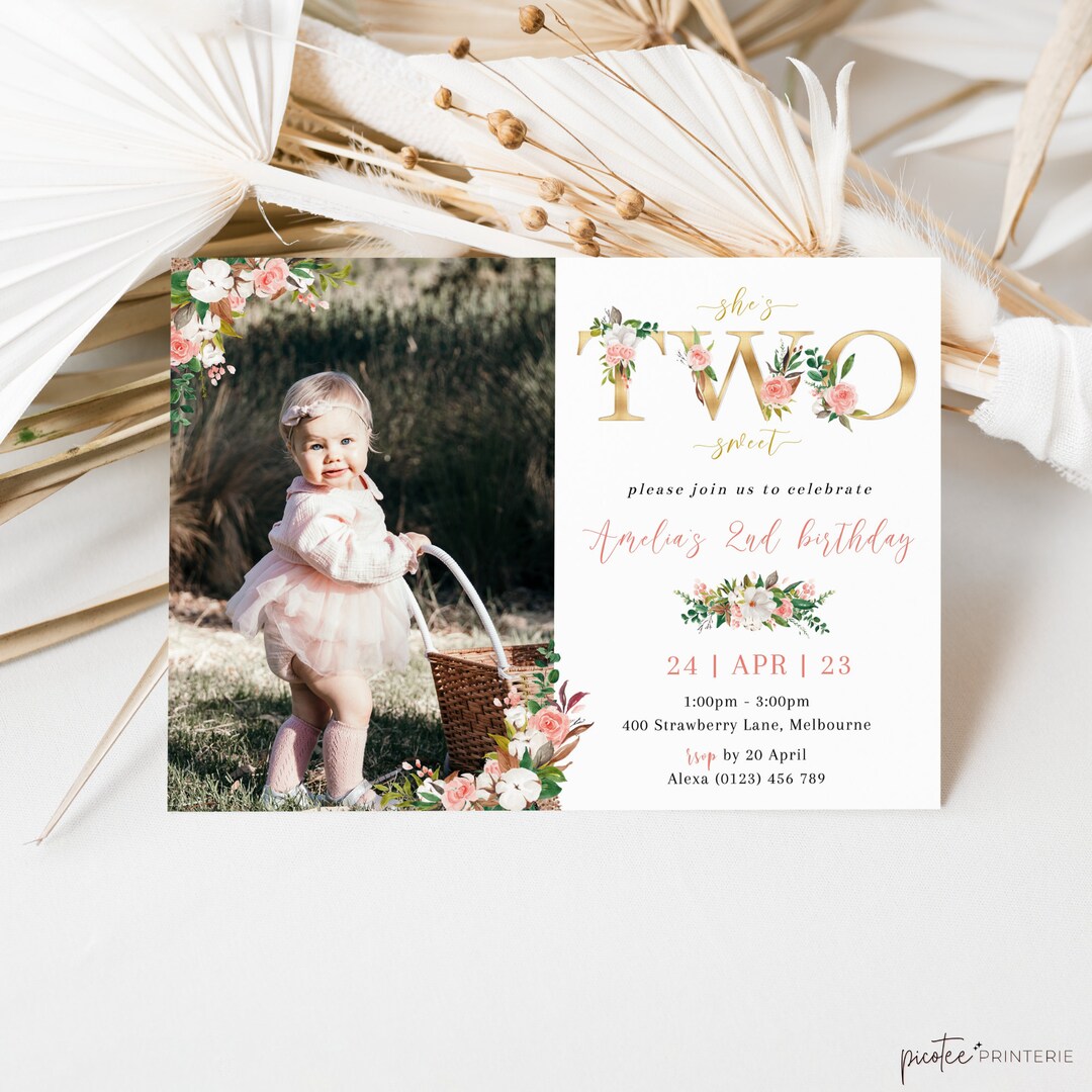 Blush and Gold Floral 2nd Birthday Invitation With Photo. Girls Second ...