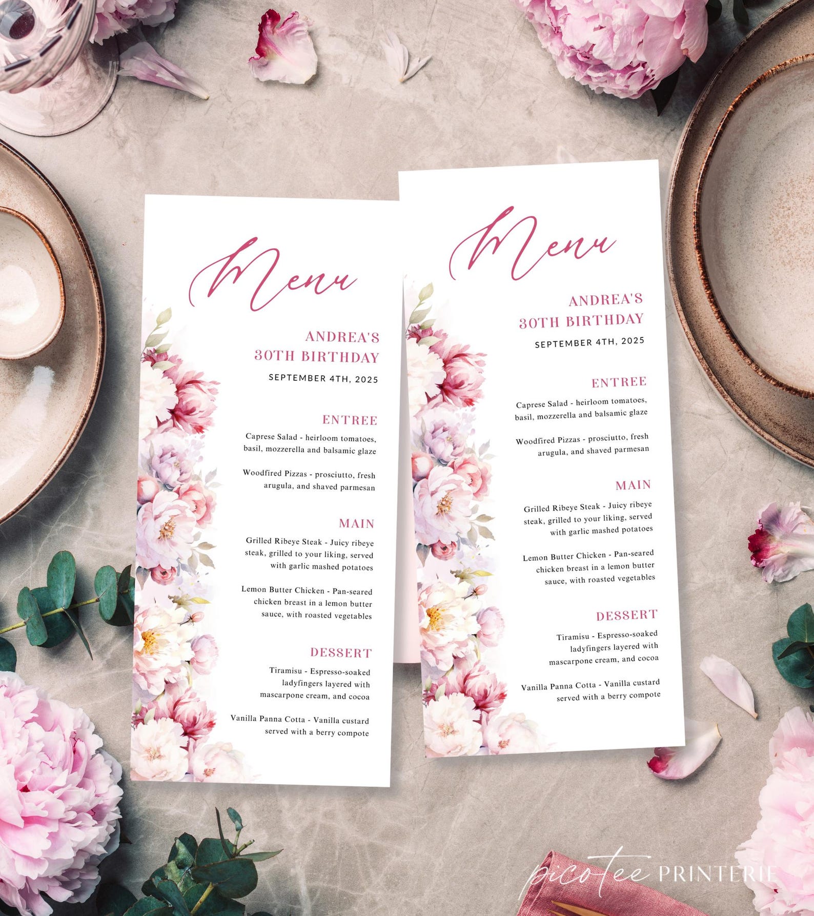 Pink Floral Dinner Menu Card Printable Template, Modern Flowers ...