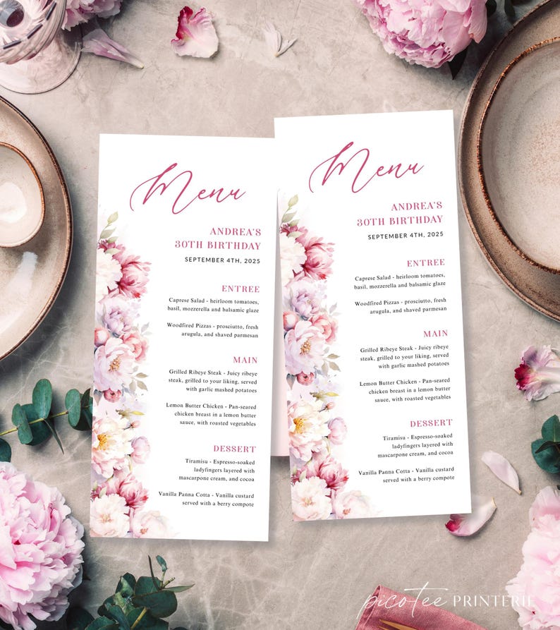Pink Floral Dinner Menu Card Printable Template, Modern Flowers ...
