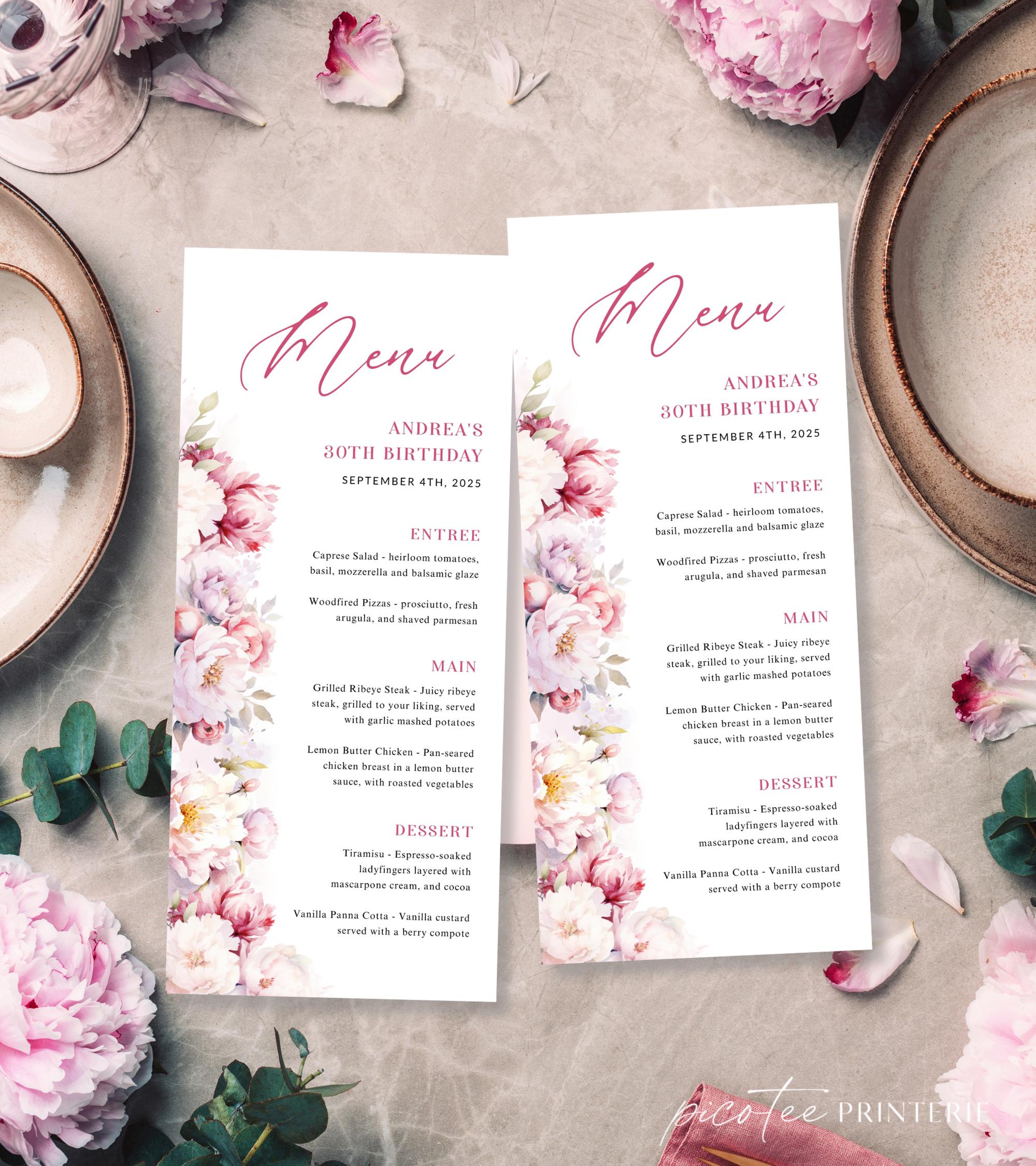 Pink Floral Dinner Menu Card Printable Template, Modern Flowers ...