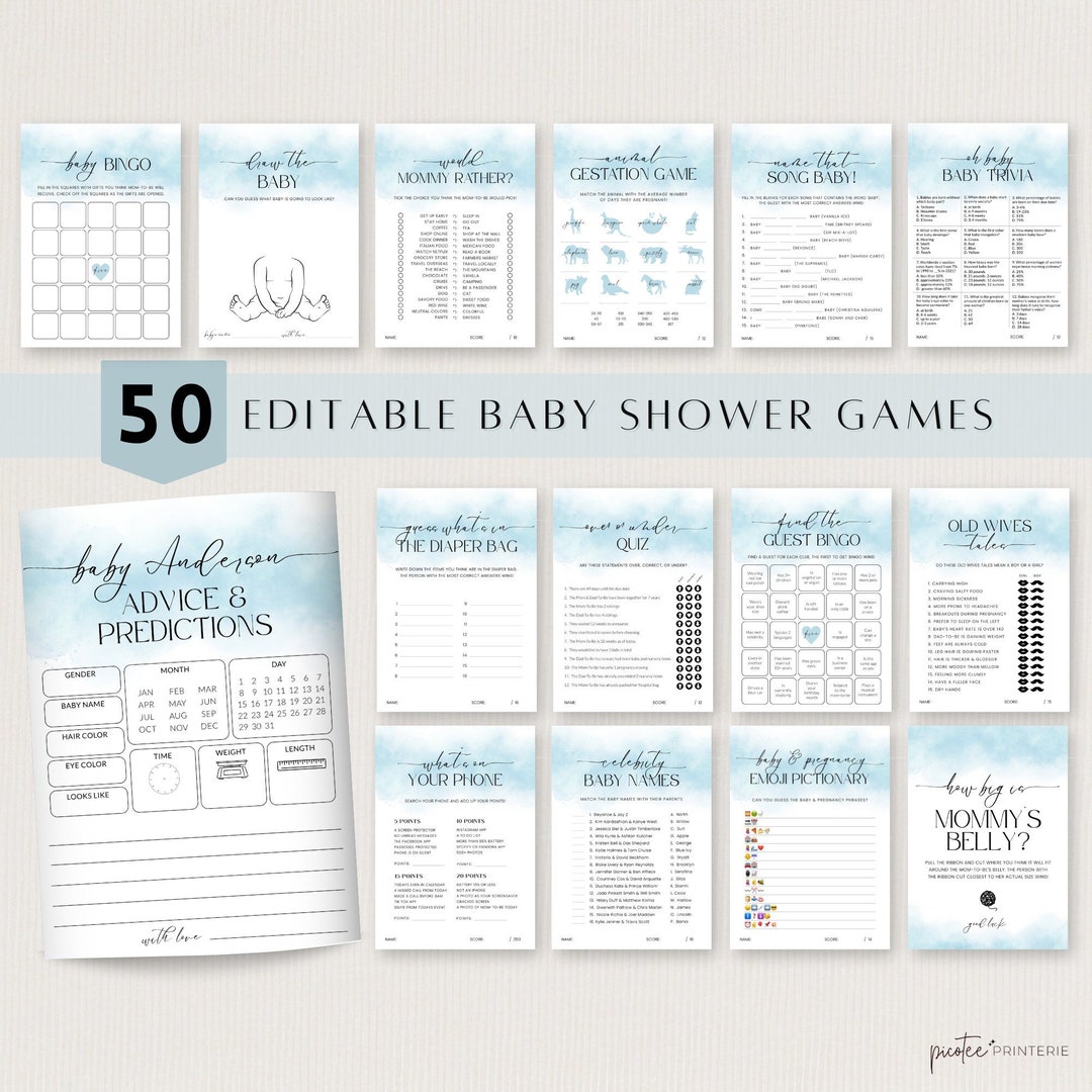 Blue Baby Shower Games Bundle, Printable Baby Shower Game Bundle ...
