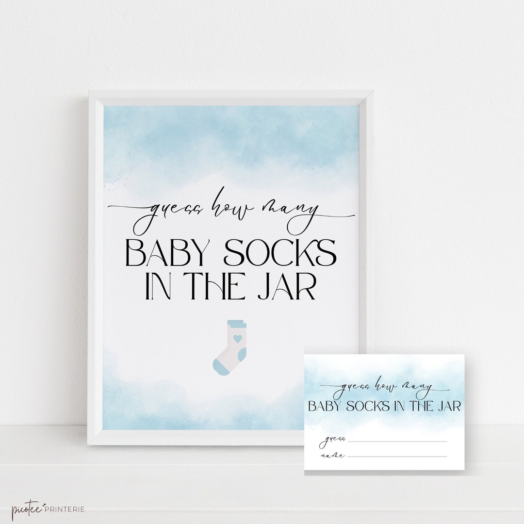 Guess How Many Baby Socks in the Jar Game Card, Blue Baby Socks Sign ...