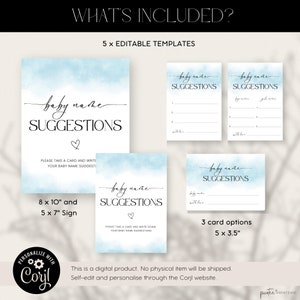 Baby Name Suggestions Card, Baby Name Ideas Game, Boy Baby Shower Blue ...