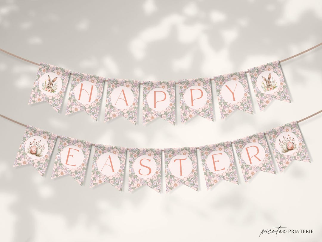 Happy Easter Bunting Printable Floral Template, Pastel Spring Easter ...
