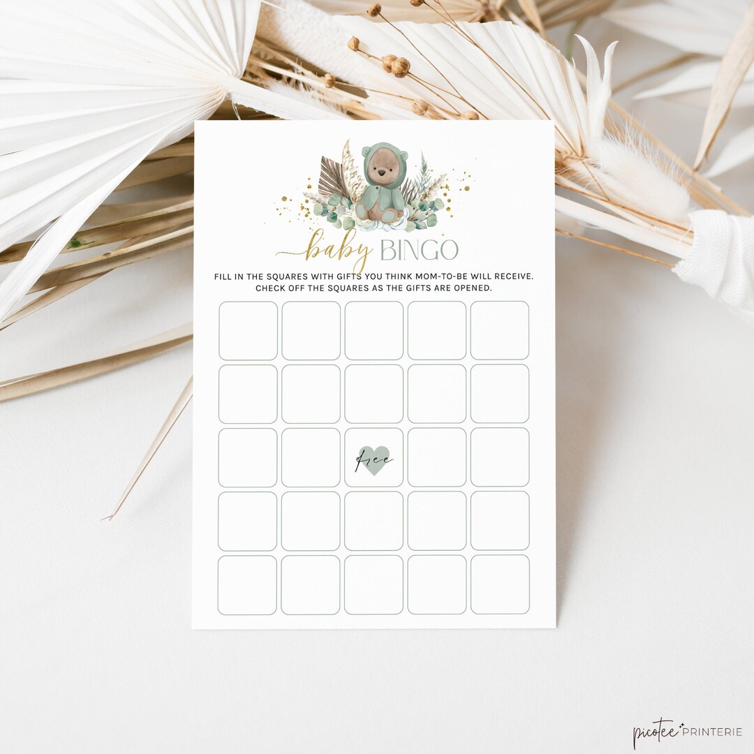 Bear Baby Shower Bingo Game, Sage Green Bear Baby Bingo Game, Boho ...