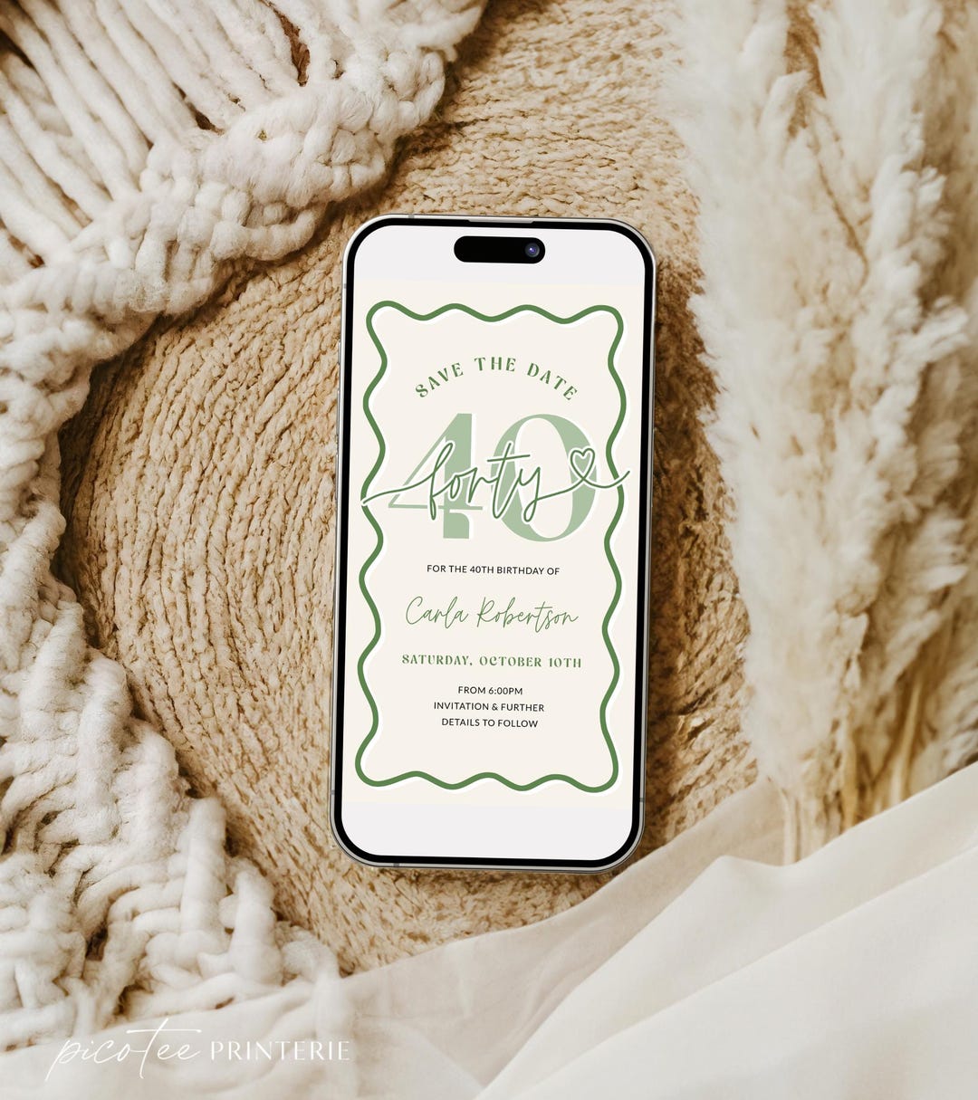 Green 40th Save the Date Wavy Border Invitation Digital, Scalloped 40th ...