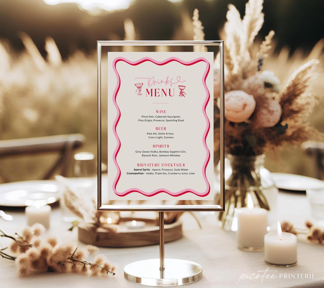 Wavy Border Drinks Menu Sign Pink Template, Red Custom Bar Signature ...