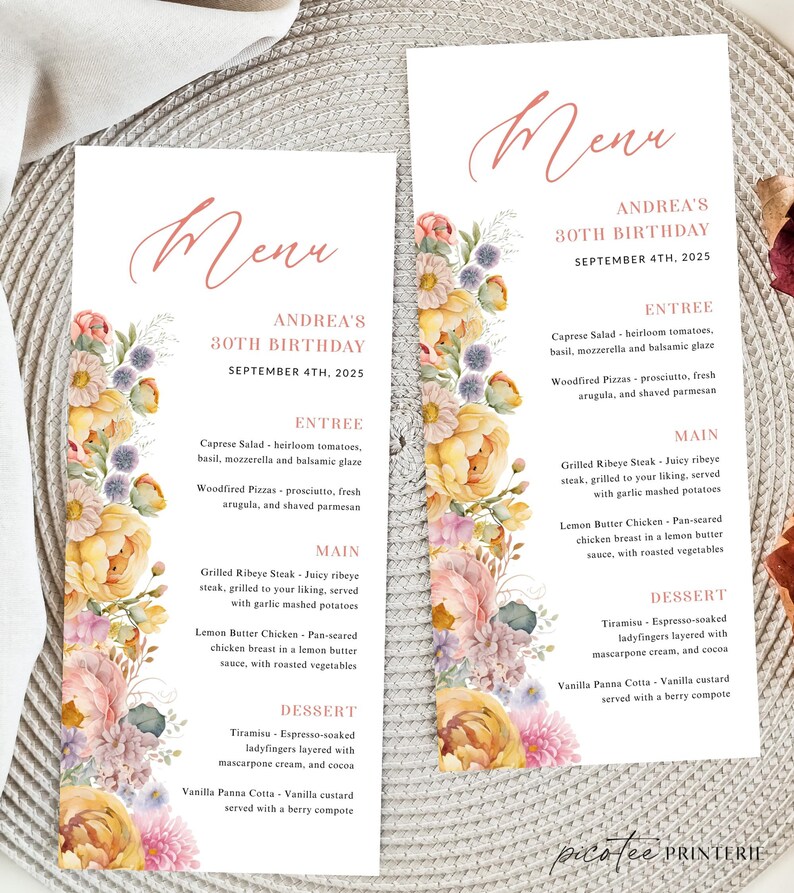 Yellow Floral Menu Card Printable Template, Modern Flowers Editable ...