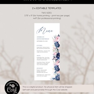 Navy and Pink Floral Menu Printable Template, Modern Blue Flowers ...