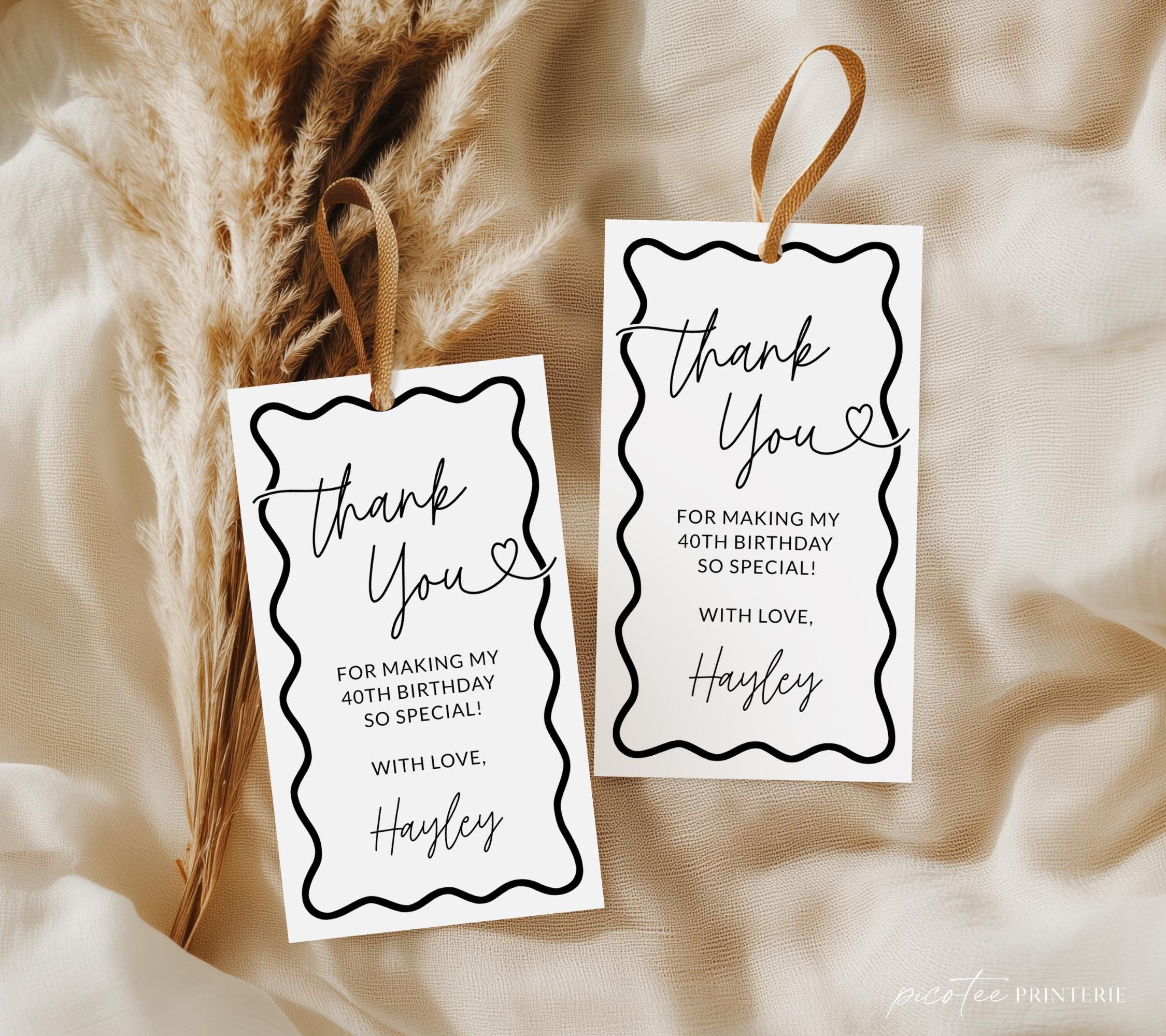Wavy Thank You Birthday Gift Tag Black and White Printable, Scalloped ...