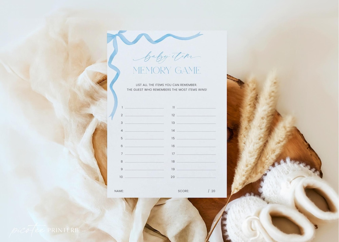 Blue Bow Baby Shower Memory Game Template, Coquette Baby Item Memory ...