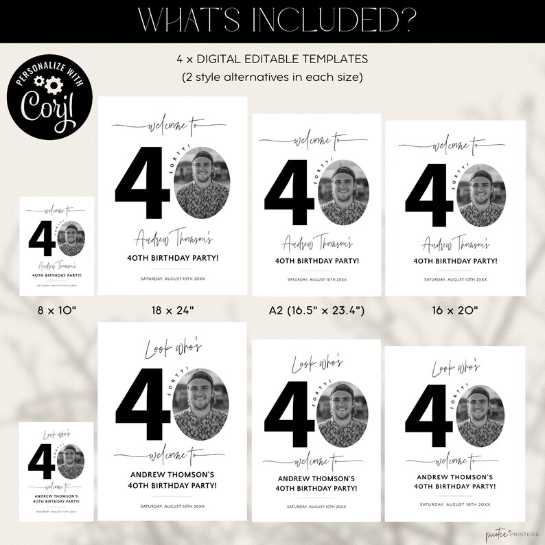 Modern 40th Birthday Welcome Sign With Photo, Men's Birthday Party ...