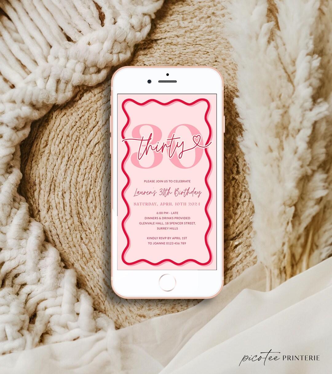 Digital Wavy Border 30th Birthday Invitation Women, Pink Red Scallop 30 ...