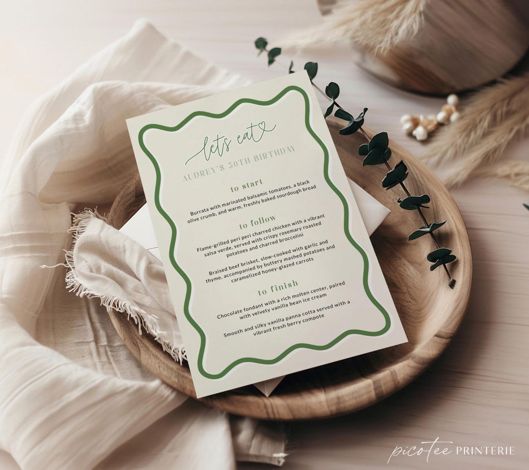 Wavy Green Menu Card Editable Template, Scalloped Birthday Wedding ...