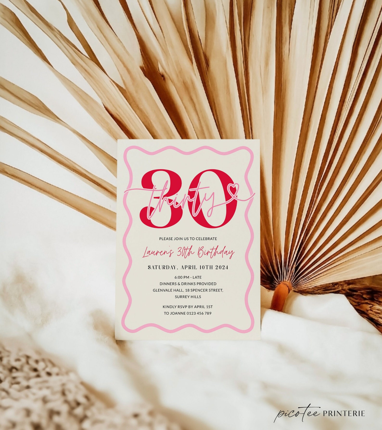 Digital Wavy Border 30th Birthday Invitation Women, Modern Scalloped ...