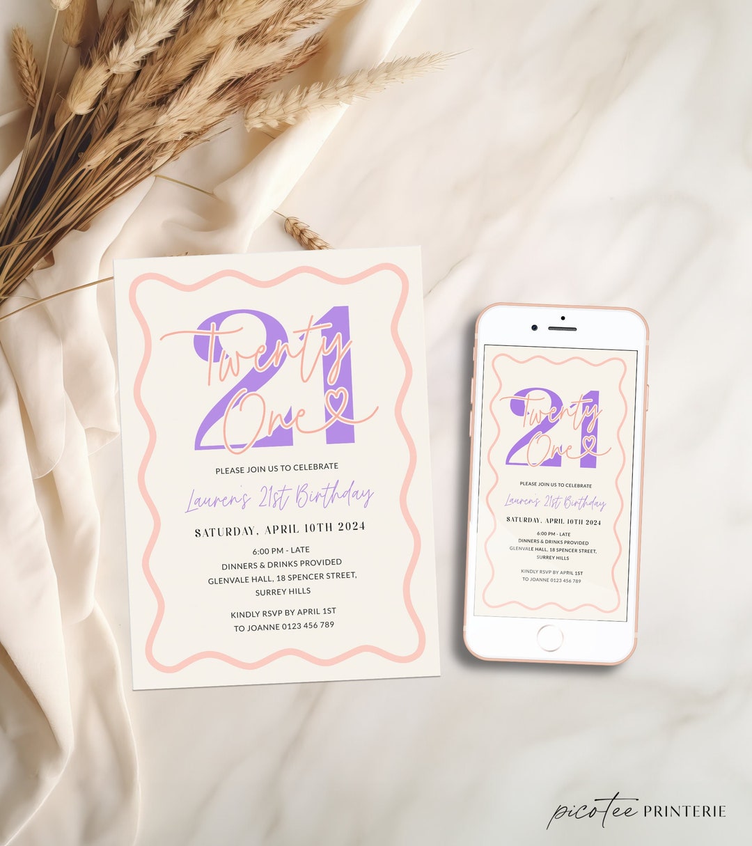 Wavy Border 21st Birthday Invitation for Her, Purple Scalloped 21st ...
