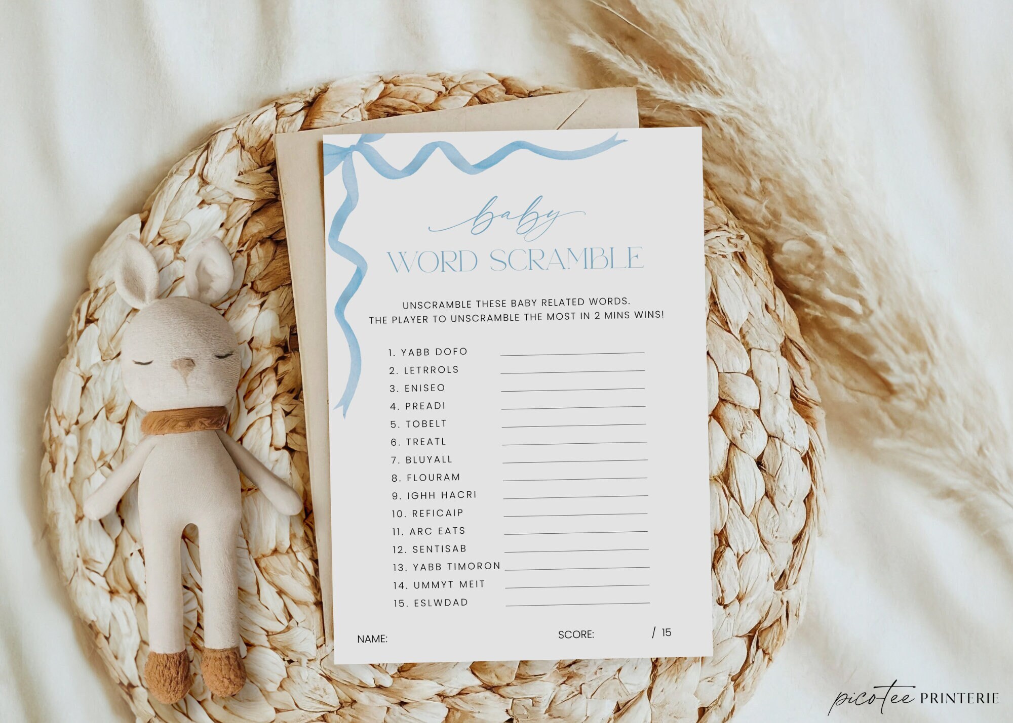 Blue Bow Baby Word Scramble Game, Coquette Boy Baby Shower Activity ...