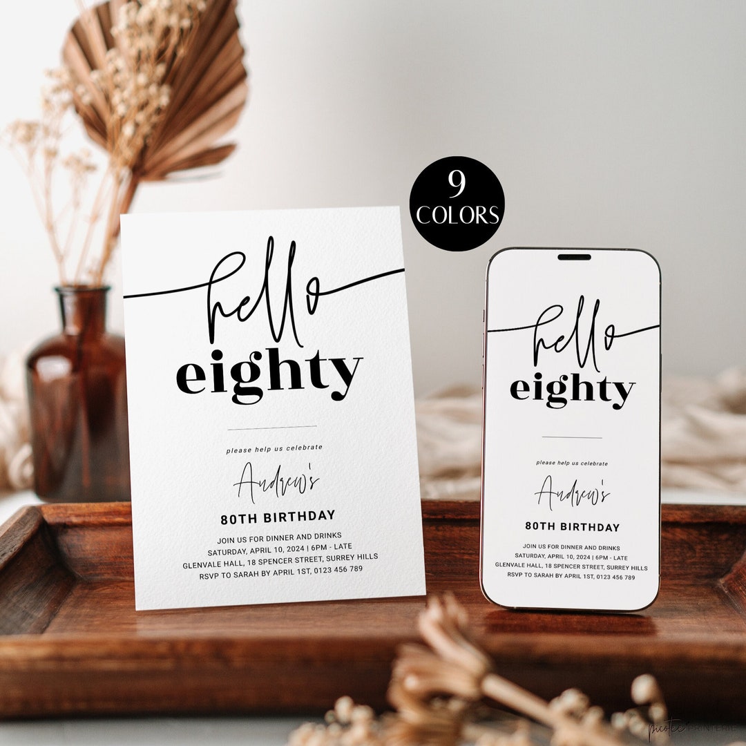80th Birthday Party Invitation for Him, Hello Eighty Invitation ...