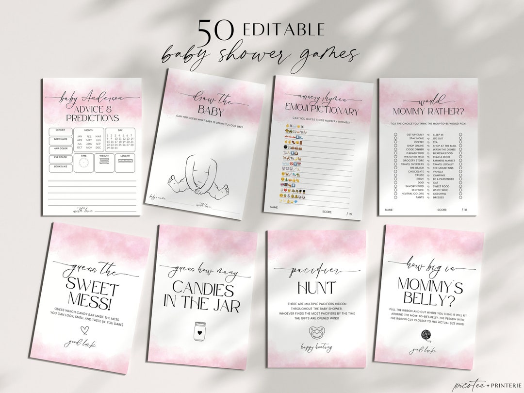 Pink Baby Shower Game Bundle, Printable Baby Shower Games Bundle ...