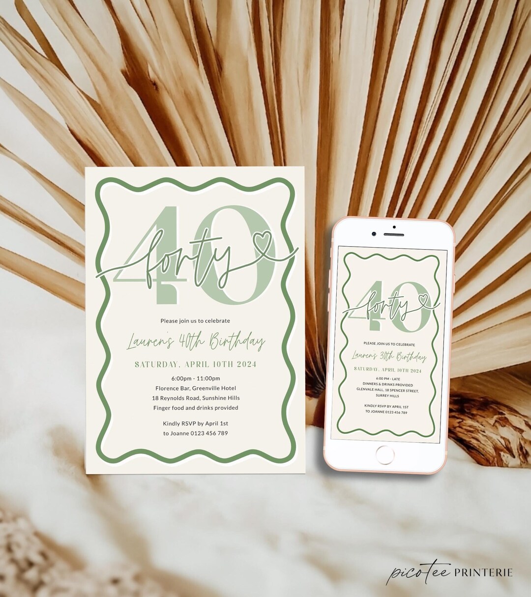 Green 40th Birthday Wavy Border Invitation for Her, Scalloped 40th ...