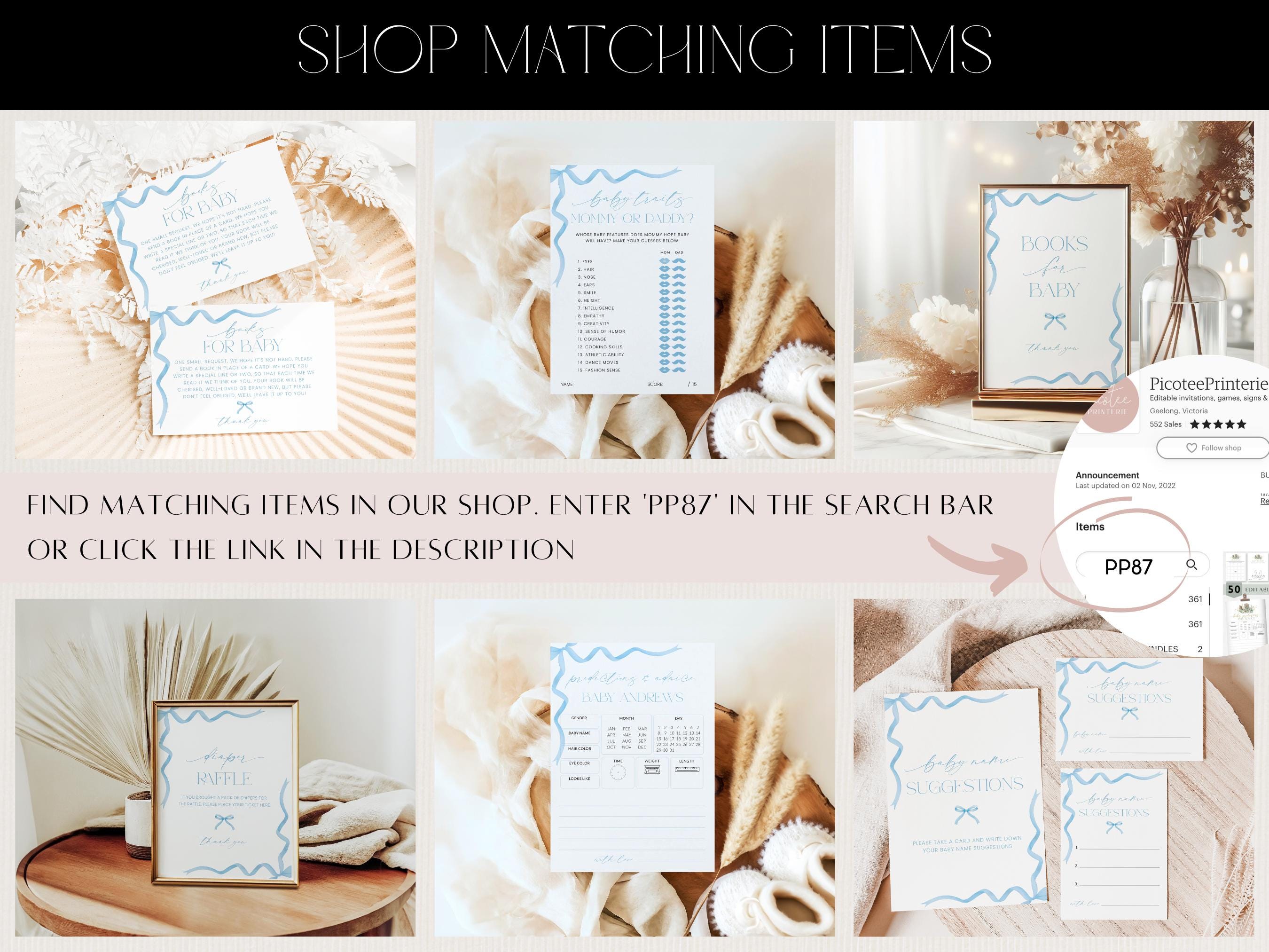Coquette Blue Bow Cards and Gifts Sign Baby Shower Printable, Editable ...