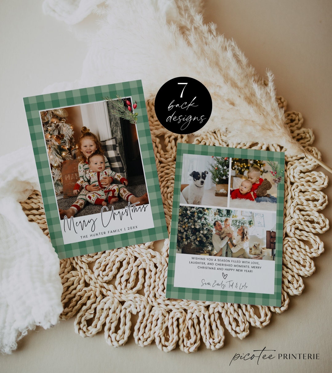 Gingham Christmas Photo Card Printable, Plaid Holiday Card Template, Editable Rustic Happy ...