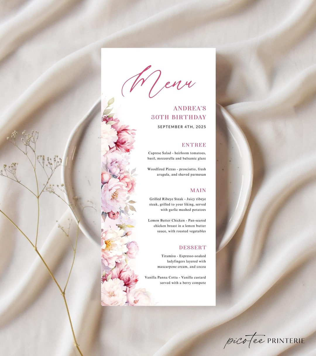 Pink Floral Dinner Menu Card Printable Template, Modern Flowers ...