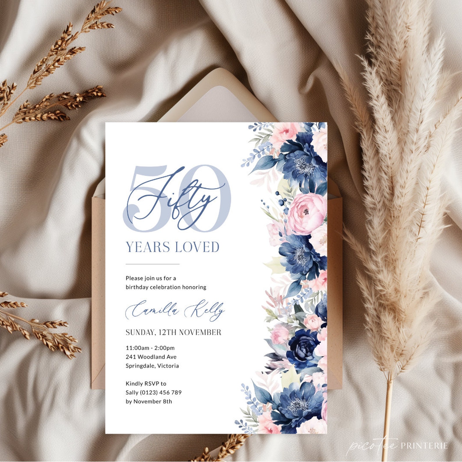 50 Years Loved Birthday Party Invitation Template, Blue Floral 50th ...