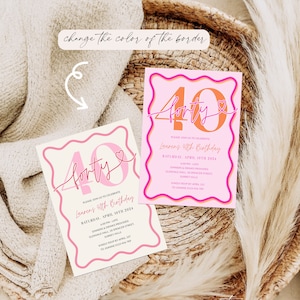 Pink Wavy Border 40th Birthday Invitation Women, Scalloped 40th Party ...