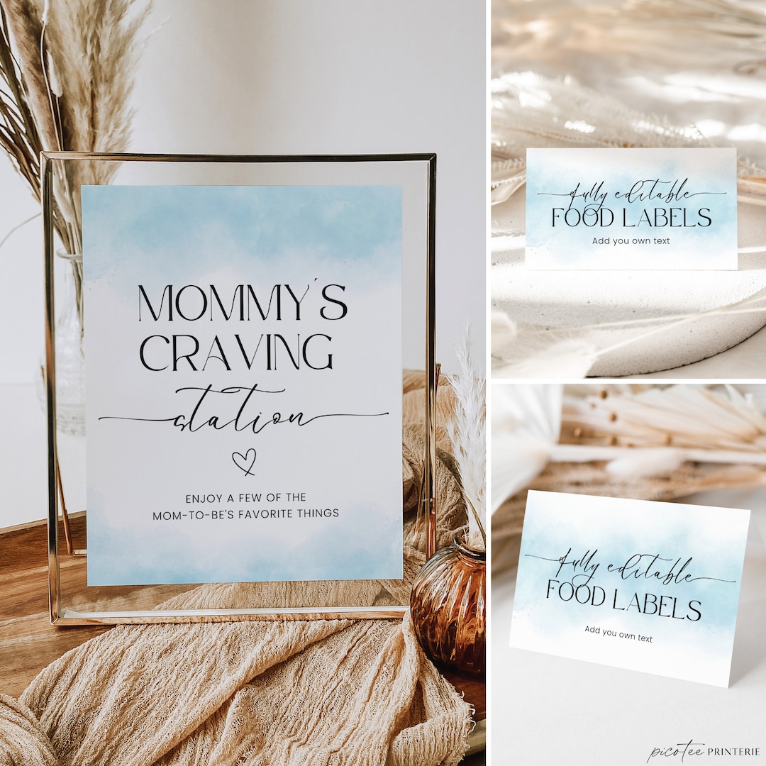 Mommy’s Craving Station Sign, Blue Baby Shower Boy, Editable Food ...