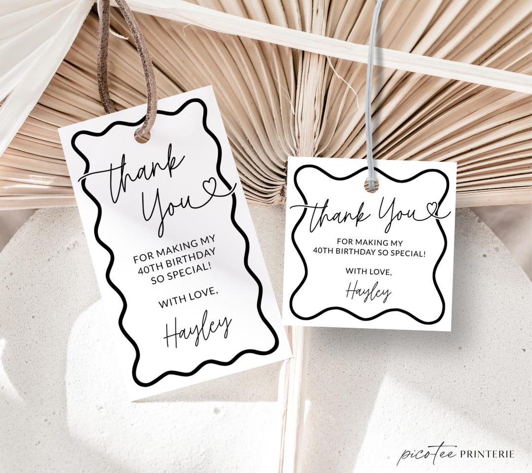 Wavy Thank You Birthday Gift Tag Black and White Printable, Scalloped ...