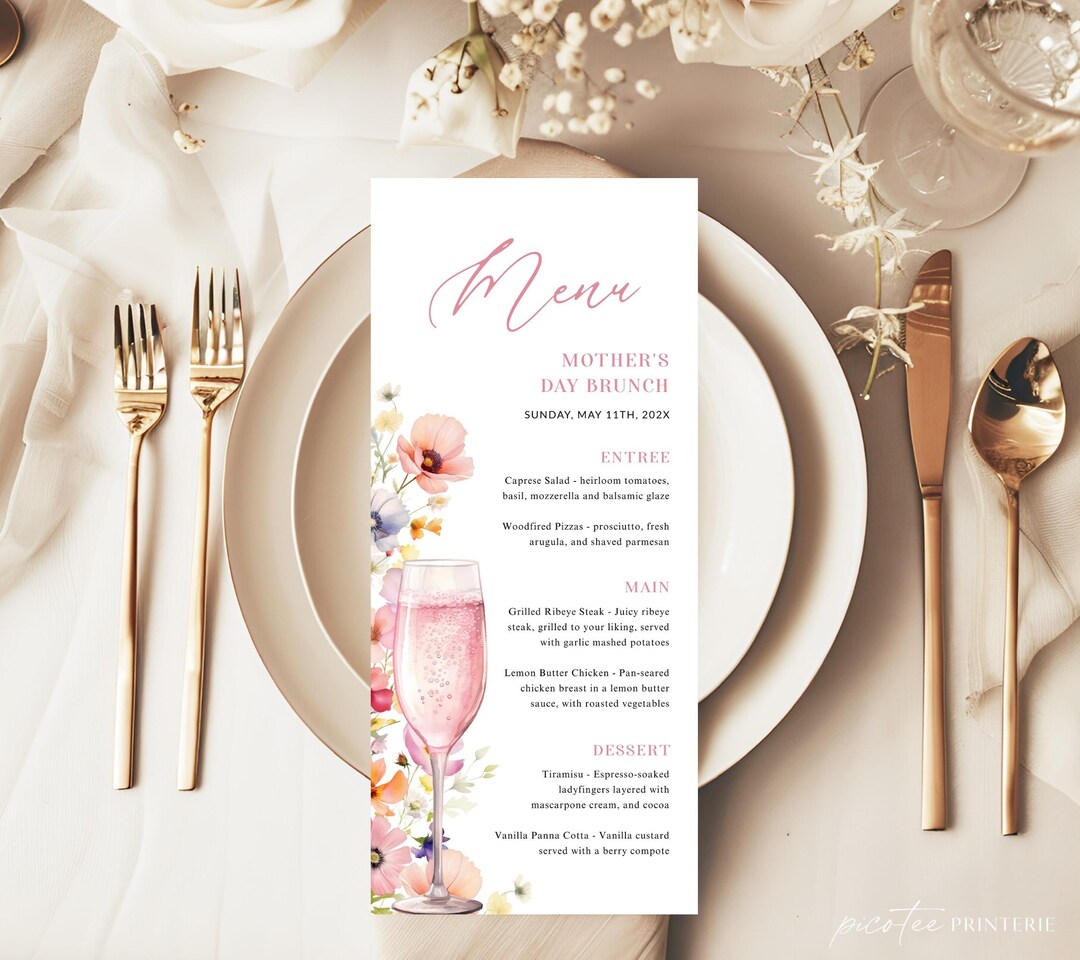 Wildflower Mother's Day Menu Card Printable Template, Floral Mimosa ...